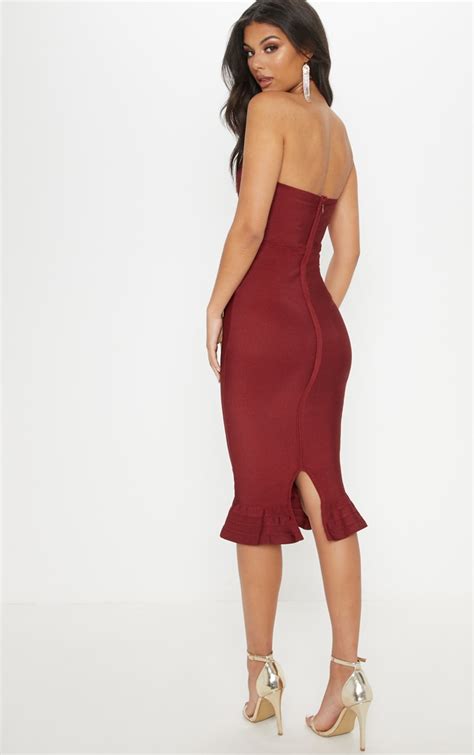 Dark Red Frill Hem Bandage Midi Dress Prettylittlething