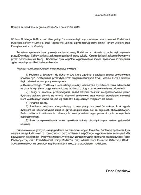 notatka ze spotkania Szkoła Podstawowa w Łomnie im Powstańczych