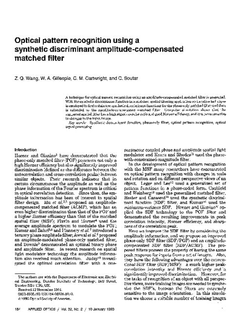 Pdf Optical Pattern Recognition Using A Synthetic Discriminant