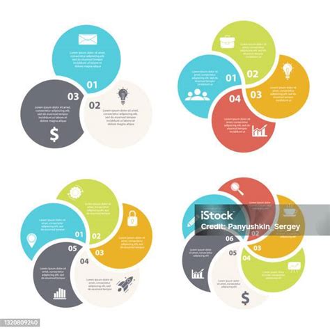 서클 다이어그램 옵션 웹 디자인 그래프 및 원형 인포그래픽을 위한 템플릿을 설정합니다 3 4 5 6 요소 단계 또는 옵션이있는 비즈니스 개념 인포그래픽에 대한 스톡 벡터