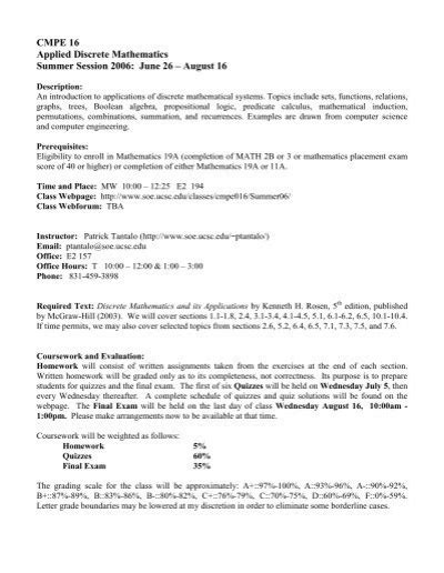 Cmpe 16 Applied Discrete Mathematics Summer Session Courses