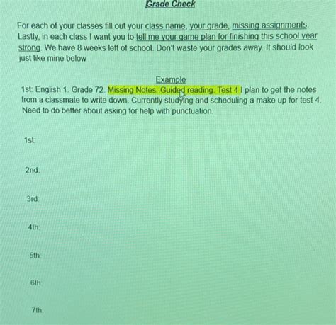 Solved Grade Check For Each Of Your Classes Fill Out Your Class Name