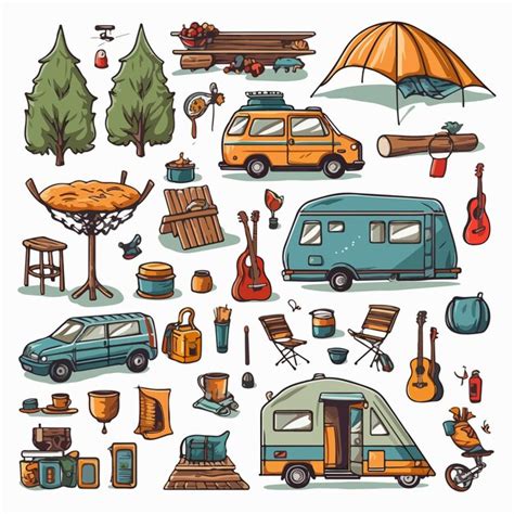 Colorful Illustration Of Campers And Outdoor Equipment Premium Ai