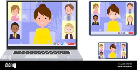 A Set Of Women Having An Online Meeting A Set Of Laptop Tablet And Smartphone It S Vector Art