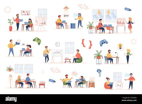 Development Company Bundle Of Flat Scenes Workflow Process Isolated Set Developers Furniture