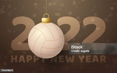 2022 년 새해 복 많은 년 럭셔리 브라운 배경에 배구 공이 있는 스포츠 인사말 카드 벡터 그림입니다 12월에 대한 스톡 벡터 아트 및 기타 이미지 Istock