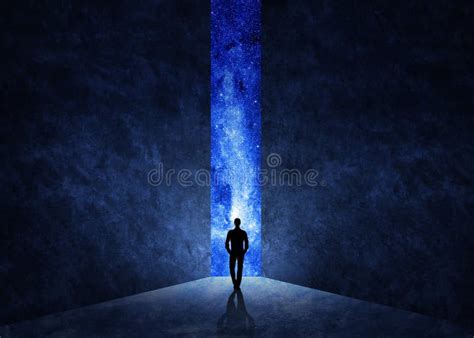 Silhouette Of Man Walking Through A Passageway Through The Universe