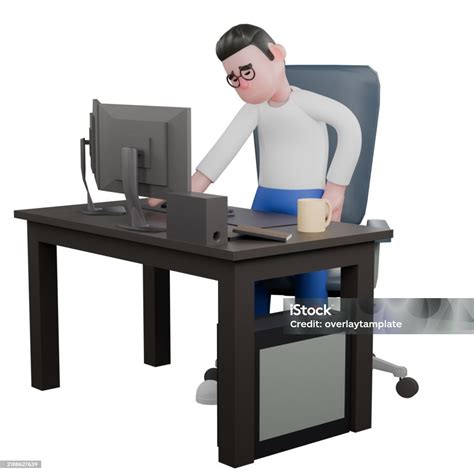 전문 비디오 편집 3d 만화 모델 남성 비디오 편집자가 피곤한 표정으로 한 손을 허리에 얹고 업무용 책상 뒤에 서 있습니다 일러스트레이션 디자인 3차원 형태에 대한 스톡