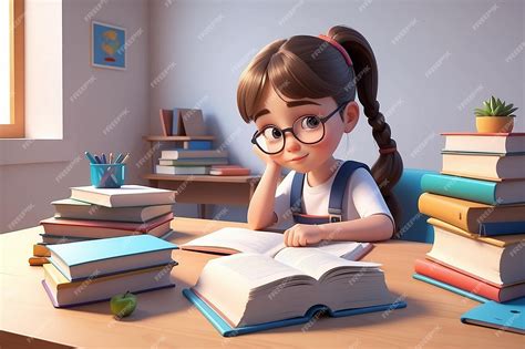Niña Pequeña Sentada En Un Escritorio Leyendo Libros Niña Estudiante