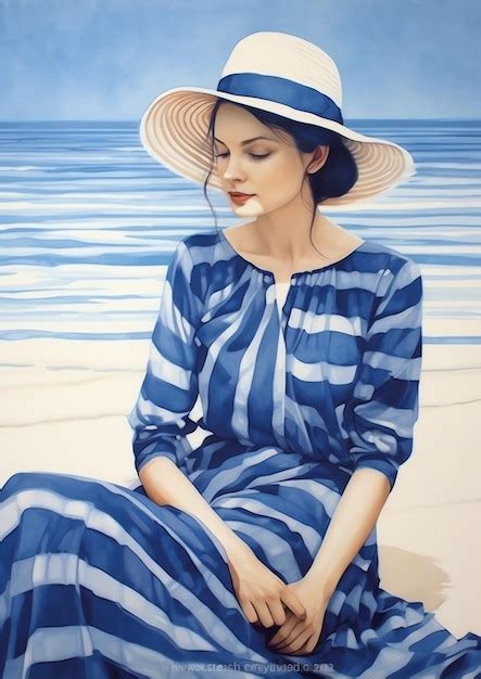 Premium Ai Image A Woman In A Blue Dress And Hat Sitting On A Beach