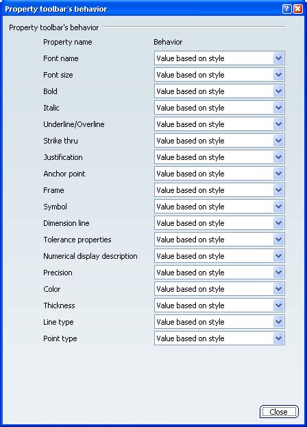 Property Toolbar S Behavior Dialog Box