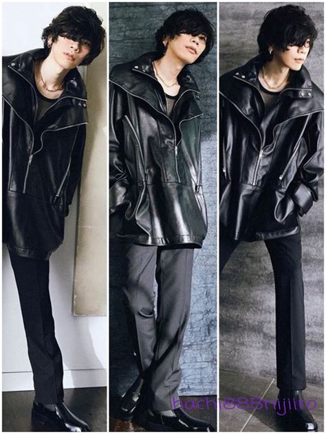 Three Pictures Of A Man In Black Leather Jacket And Pants One With His