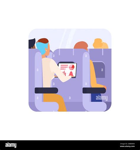 Passengers Sitting In Airplane Cabin Seats Woman Working With Laptop