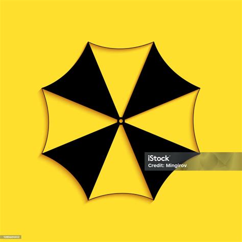 노란색 배경에 고립 된 검은 태양 보호 우산 포 해변 아이콘 야외 공간을위한 큰 파라솔 여름 방학 또는 피크닉 액세서리 긴 그림자 스타일 벡터 0명에 대한 스톡 벡터 아트