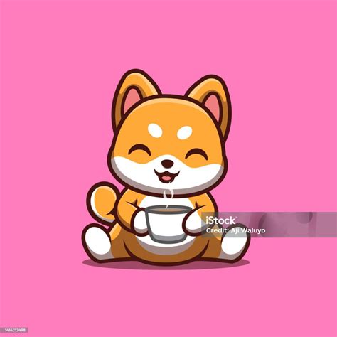시바 이누 앉아있는 음료 커피 귀여운 크리에이티브 카와이 만화 마스코트 로고 0명에 대한 스톡 벡터 아트 및 기타 이미지 0