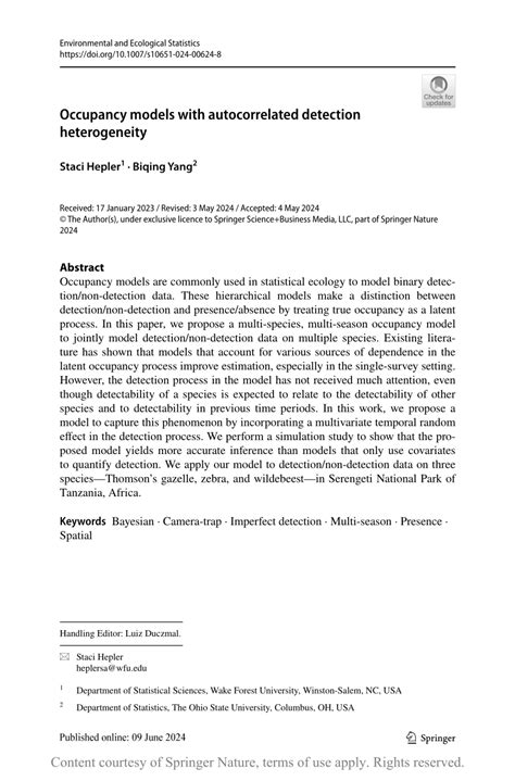 Occupancy Models With Autocorrelated Detection Heterogeneity Request Pdf