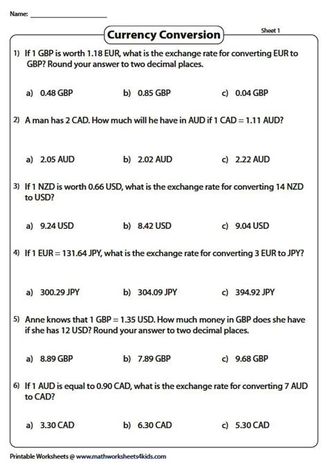 Currency Conversion Worksheets Measurement Worksheets Math Printables Worksheets