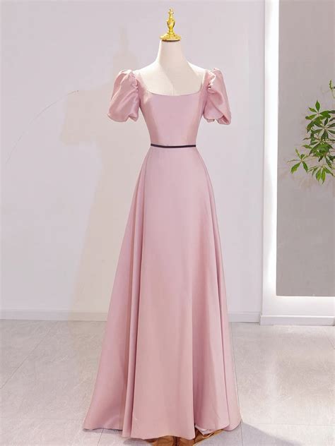 Pink Satin Long Prom Dress Beautiful A Line Short Sleeve Evening Part