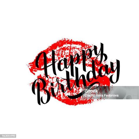 빨간 립스틱 키스 흰색에 고립 된 브러시 서예 레터링 생일 축하 합니다 손으로 그린 입술의 각인 인사말 카드 배너 전단지 스티커 Tshot을위한 벡터 템플릿을 편집하기