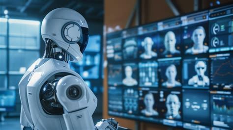 An Advanced Ai Robot Is Monitoring Human Face Recognition Data In A Hightech Laboratory