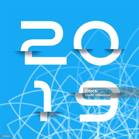 추상 Gometrical 패턴으로 파란색 배경에 흰색 결함 숫자 2019 벡터 포스터 0명에 대한 스톡 벡터 아트 및 기타 이미지 0명 2019년 3차원 형태