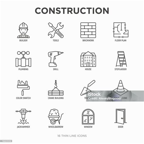 建築細線圖示設置建設者在頭盔 工作工具 磚瓦 平面圖 管道 鑽 小刀 交通錐 建築 階梯 錘子 手推車向量插圖向量圖形及更多圖示圖片 Istock