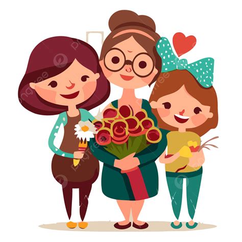 애니메이션 어머니의 날 벡터 스티커 클립 아트 엄마와 딸 함께 꽃 만화 상표 클립 아트 Png 일러스트 및 벡터 에 대한
