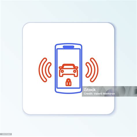 흰색 배경에 격리 라인 스마트 자동차 경보 시스템 아이콘 스마트폰은 무선으로 차량 보안을 제어합니다 다채로운 개요 개념 벡터 감지기에 대한 스톡 벡터 아트 및 기타 이미지