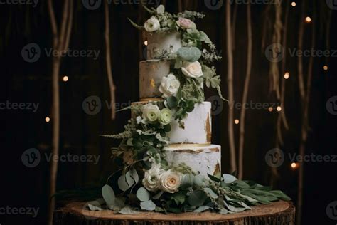 Three Tiered White Wedding Cake Decorated With Flowers And Green