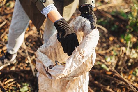 공원에서 더러운 플라스틱 병을 따기 에코 활동가 여자 손 장갑에 쓰레기를 따기 가방에 쓰레기를 수집 일회용 플라스틱에서 자연을 청소하는 자원 봉사자 가방에 대한 스톡 사진