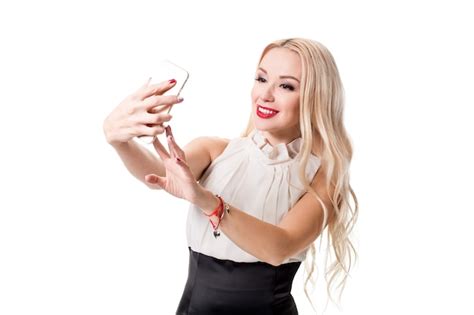 Premium Photo Blonde Doing Selfie On Isolated White Background