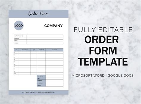 Order Form Template Editable Order Form Modern Order Form Printable Custom Order Form Order