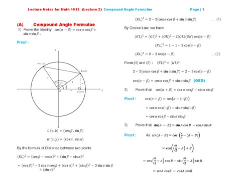 Lecture Notes For Math 1012 Lecture 2 Compound Angle Formulae A Compound Angle Formulae