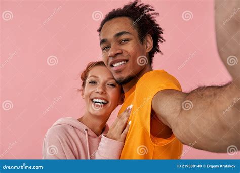 Closeup Portrait Funky Amazing Mixed Race Couple Ginger Lady Black Guy