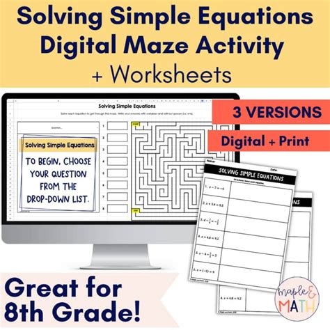 Solving Simple Equations Digital Maze Self Checking Activity 8th