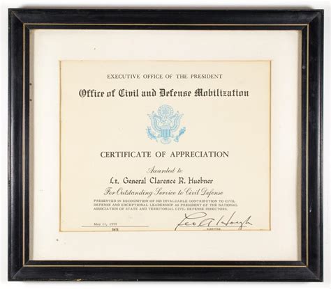 Lot GEN CLARENCE R HUEBNER S CIVIL DEFENSE CERTIFICATE