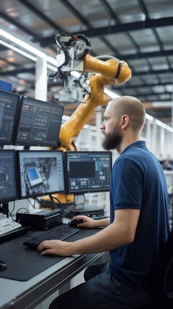 Caucasian Male Autonomous Assembly Line Operator Using Multi Monitor