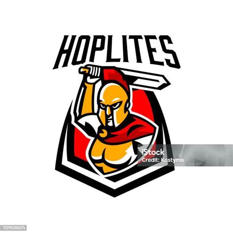 엠 블 럼 로고 배지 칼으로 스파르타 고 대 그리스 전사 황금 갑옷 Hoplite 코 린 트 헬멧 군인 방패 벡터 일러스트 레이