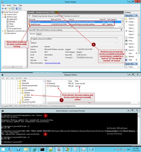 windows registry subkey creation not generating logs windows event id