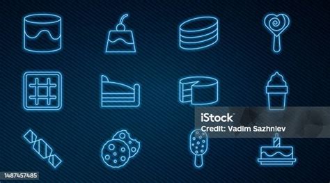 불타는 양초 아이스크림 와플 콘 브라우니 초콜릿 케이크 조각 와플 및 푸딩 커스터드 아이콘이 있는 세트 라인 케이크 벡터 0명에 대한 스톡 벡터 아트 및 기타 이미지