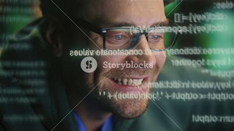 Happy Expert Creating Code At Data Hologram Closeup Smiling Successful Specialist Looking New