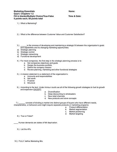 Marketing Essentials Quiz 1 Marketing Essentials Name Quiz1
