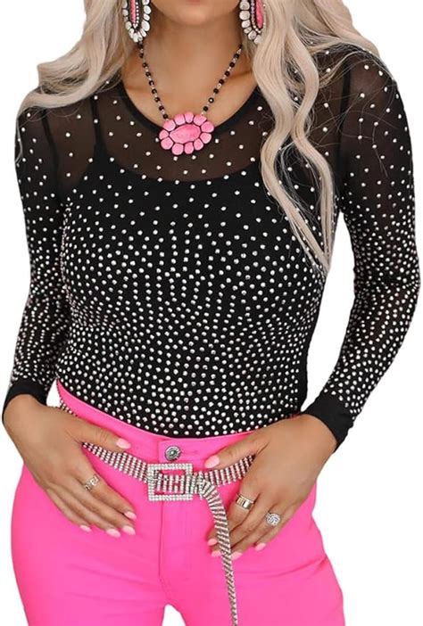 Barbedrose Womens Sexy Rhinestone Sheer Mesh Long Sleeves Bodysuit S