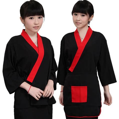 Black Red Shirt Apron 2 Piece Set Japanese Kimonos Cook Clothing Men