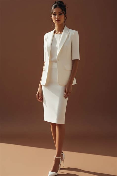 Leely Women White 2 Piece Peak Lapel Pencil Business Suits One Button