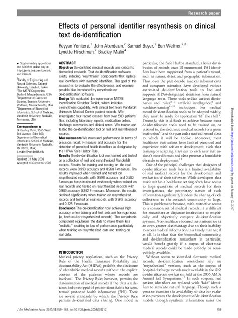 Pdf Effects Of Personal Identifier Resynthesis On Clinical Text De Identification