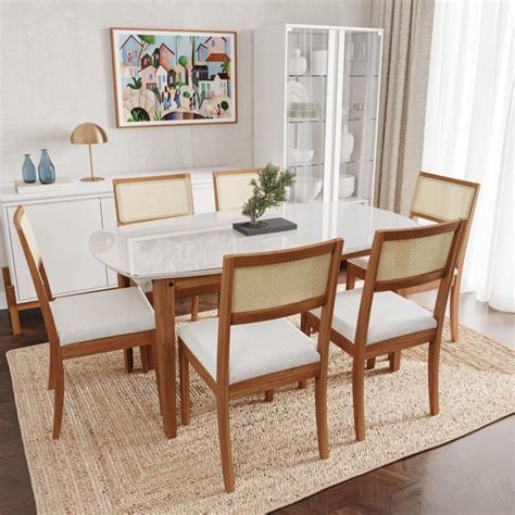 Conjunto Mesa de Jantar Tampo Vidro e MDF 1 60m e 6 Cadeiras Tiê