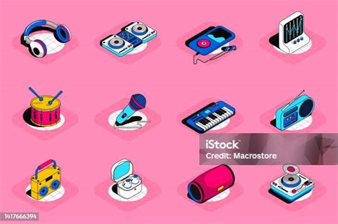 음악 3d 아이소메트릭 아이콘 세트 헤드폰 이퀄라이저 노래 플레이어 드럼 마이크 피아노 라디오 음악 스피커 가라오케 등의 요소를 포장하십시오 현대 아이소메트릭 디자인의 벡터