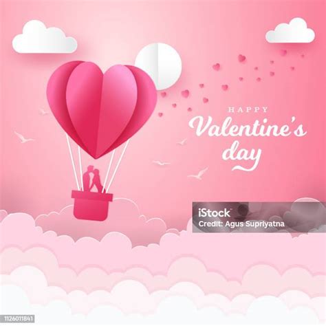 로맨틱 커플 키스 하 고는 공기 풍선의 바구니 안에 서 있는 발렌타인의 날 인사말 카드 종이 잘라 스타일 벡터 일러스트 레이 션 개념에 대한 스톡 벡터 아트 및 기타 이미지