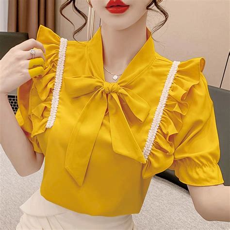 Short Sleeved Chiffon Shirt Women Lace Bow Loose Shirt Summer New Plus